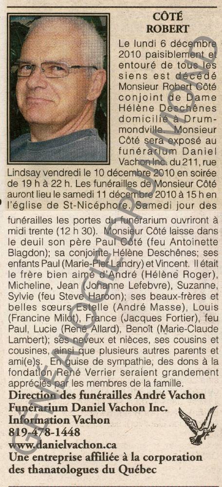 Fiche de Côté, Robert - Avis de décès - Société de Généalogie de ...